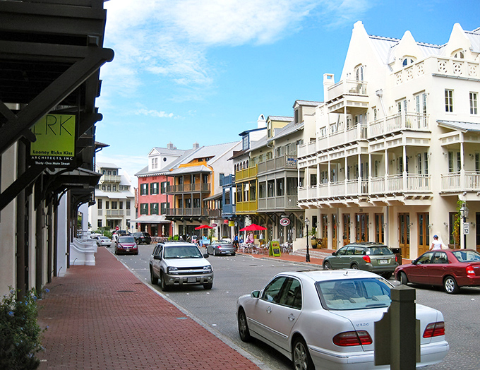 A rainbow of colorful buildings lines Main Street, where cars move at the pace of a leisurely southern drawl.