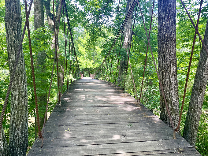 The swinging bridge beckons adventure seekers into a green cathedral of Mississippi wilderness. One step and you're transported to simpler times.