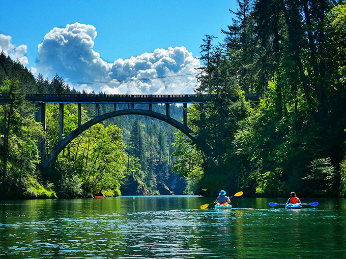 The iconic bridge at Milo McIver creates a perfect frame for kayakers below. Mother Nature's version of a postcard, no filter required.