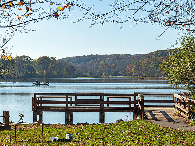 Nature's perfect postcard moment: Holman Lake's glassy surface mirrors autumn's fiery palette while a fishing boat glides silently across the water.