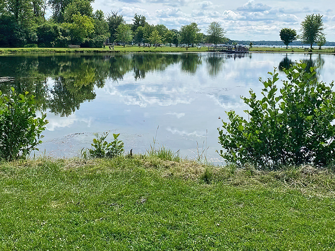 Nature's perfect postcard: A serene footbridge arches gracefully over crystal-clear waters, inviting visitors to cross into Wisconsin's woodland paradise.