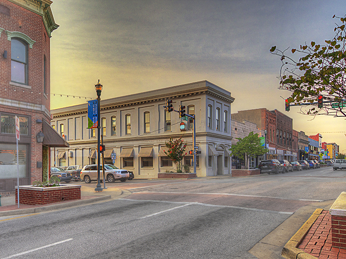 Downtown Trumann at golden hour &ndash; where historic brick buildings and modern life blend into a Norman Rockwell painting come to life.
