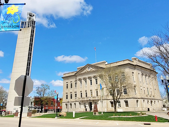 The stately Greene County Courthouse stands tall beside the iconic Mahanay Bell Tower, Jefferson's vertical exclamation point on the prairie landscape.