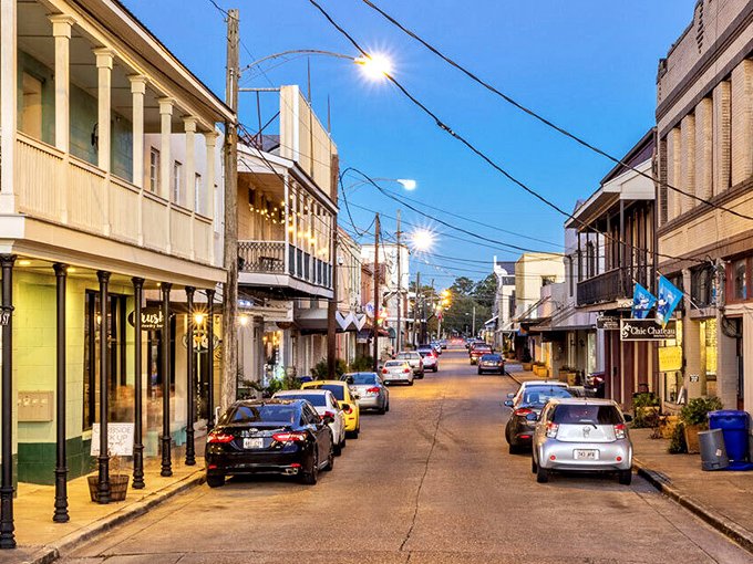Downtown Thibodaux at dusk casts a golden glow on historic storefronts, where locals stroll unhurried streets that haven't surrendered to chain-store invasion.