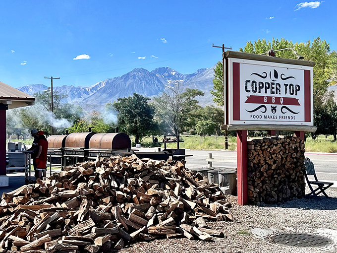 Mountains that could make John Muir weep provide the backdrop for this BBQ sanctuary. That pile of wood isn't decoration&mdash;it's flavor in waiting.