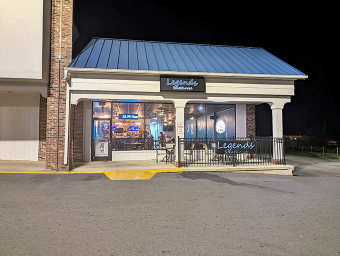 Legends after dark transforms into a cozy culinary oasis, where the blue metal roof shelters diners from ordinary meals and guides them toward extraordinary flavors.