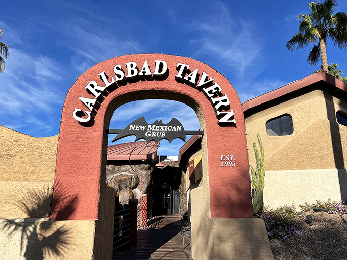 The entrance to culinary adventure! Carlsbad Tavern's distinctive Southwestern archway promises New Mexican flavors that'll make your taste buds do the flamenco.