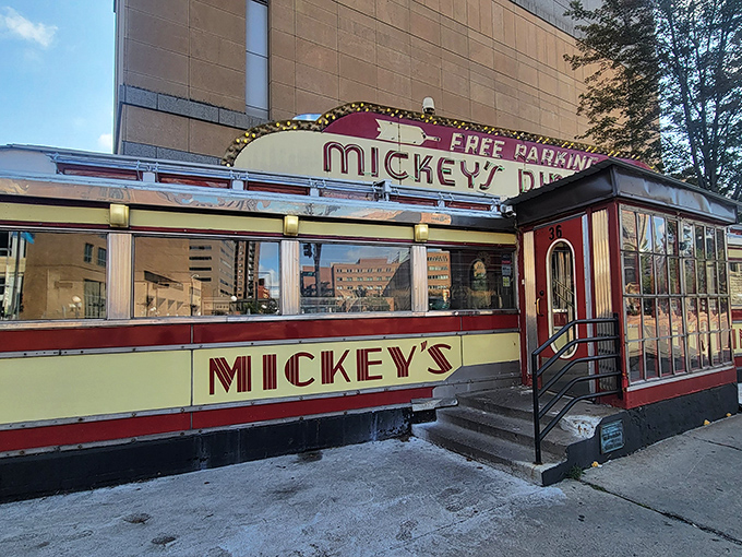 The entrance to Mickey's Diner promises a step back in time, where comfort food and nostalgia are always on the menu.