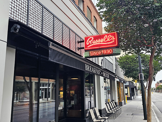 The iconic red neon sign beckons hungry Pasadenans like a lighthouse for breakfast lovers. Russell's has been a local institution since 1930.