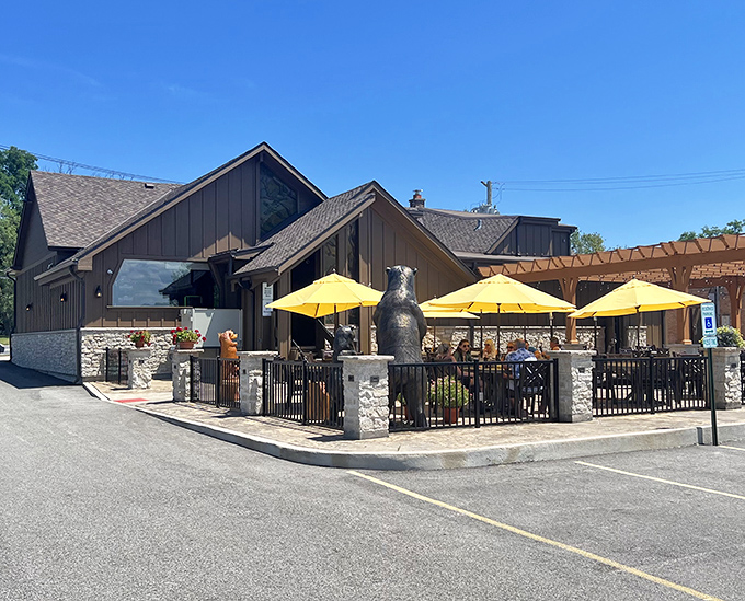 Bill's Pizza & Pub's outdoor patio beckons with bright yellow umbrellas, promising shade for your mushroom feast and a perfect summer escape from reality.