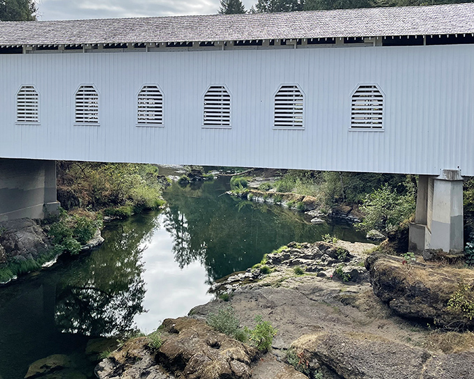 From another angle, the pristine white fa&ccedil;ade of Dorena Covered Bridge evokes a journey back in time, inviting travelers to pause and appreciate the simpler days.