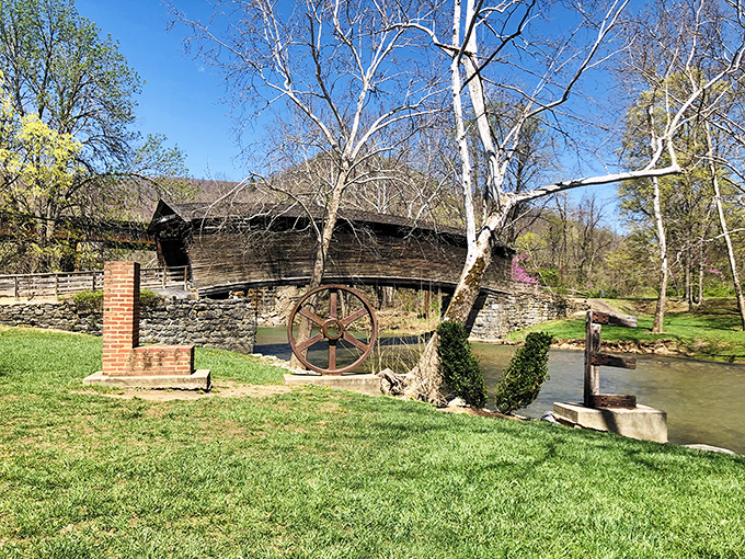 The aptly named Humpback Bridge arches gracefully over Dunlap Creek, looking like something straight out of a storybook with its weathered wooden charm.