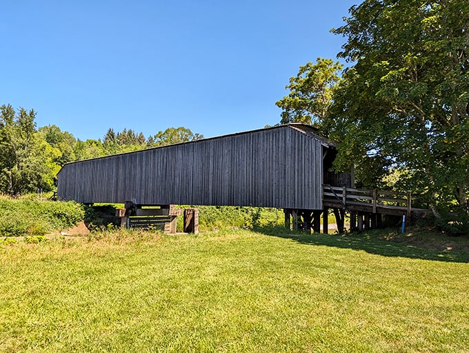 The weathered wooden exterior of Grays River Covered Bridge stands like a time traveler against Washington's lush greenery, quietly telling stories from another era.