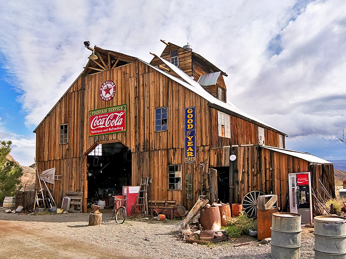 This weathered wooden wonder isn't a movie set&mdash;it's the real deal. Vintage Texaco and Coca-Cola signs tell tales of roadside Americana that time forgot.