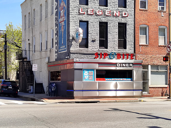 The classic corner diner silhouette of Sip & Bite stands proudly in Baltimore, a beacon of comfort food that's been satisfying hungry Marylanders for generations.