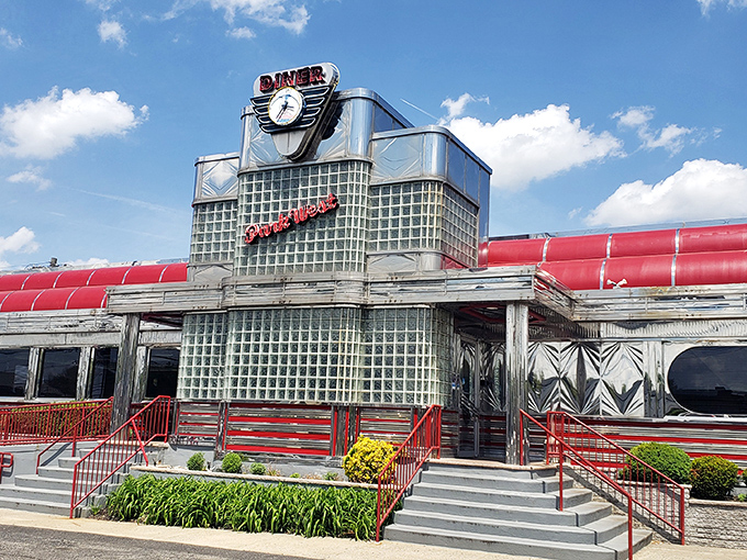 The gleaming chrome exterior of Park West Diner shines like a beacon of breakfast hope on Route 46, promising delicious refuge from hunger pangs.