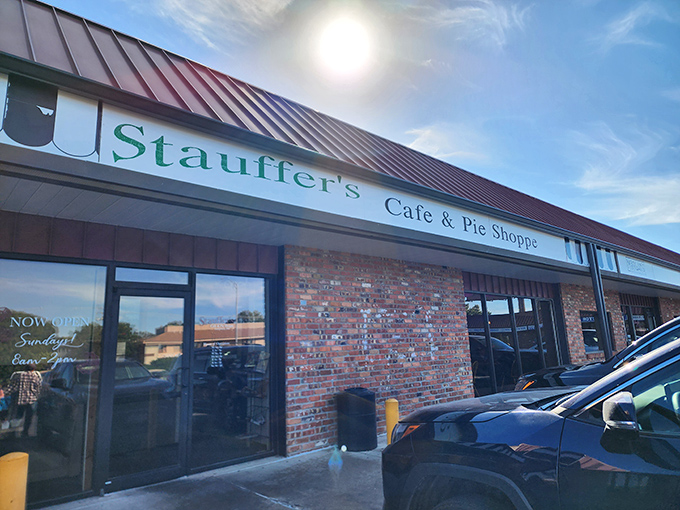 The unassuming brick exterior of Stauffer's hides a pie paradise within. Like finding a secret doorway to dessert nirvana.