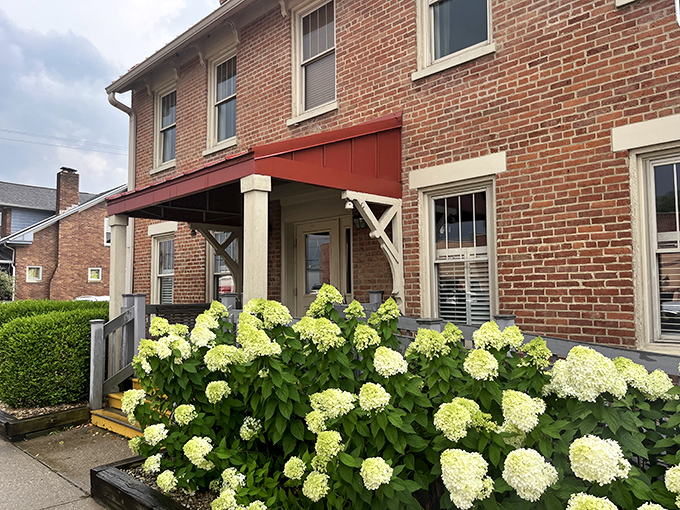 Hydrangeas frame the entrance like nature's welcome committee, proving even flowers know where the good food is.