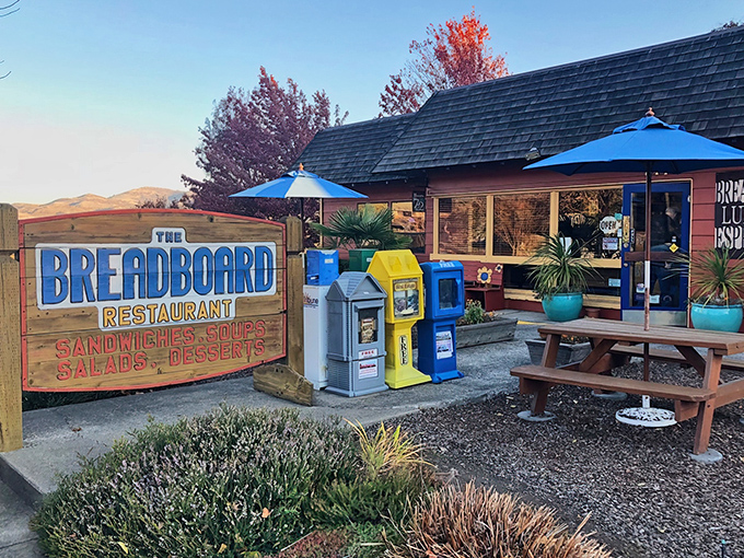 The rustic charm of The Breadboard Restaurant in Ashland beckons like an old friend, complete with colorful newspaper boxes standing guard at the entrance.