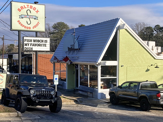 The iconic Saltbox sign welcomes seafood pilgrims with a playful "Fish which is my favorite dish" message. Simple, unpretentious, and utterly irresistible.