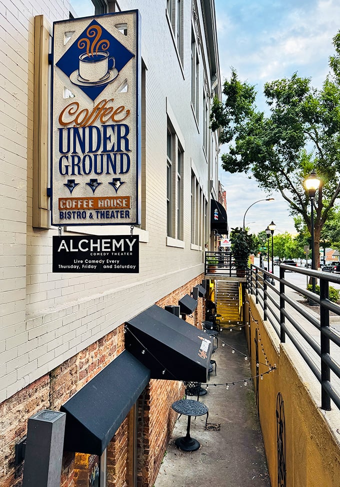 The stairway to coffee heaven! Coffee Underground's entrance beckons like a secret passage to a world where caffeine dreams come true.