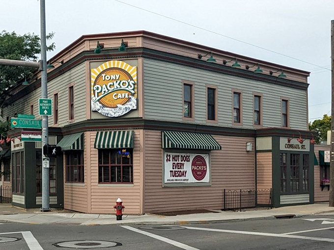 From this angle, you can spot the Tuesday hot dog special sign—proof that even legendary establishments know everyone loves a good deal on comfort food.