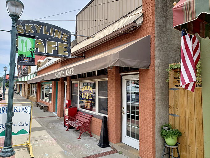 The iconic Skyline Caf&eacute; sign beckons hungry travelers like a neon lighthouse on Mena's main street. Small-town charm doesn't get more authentic than this.