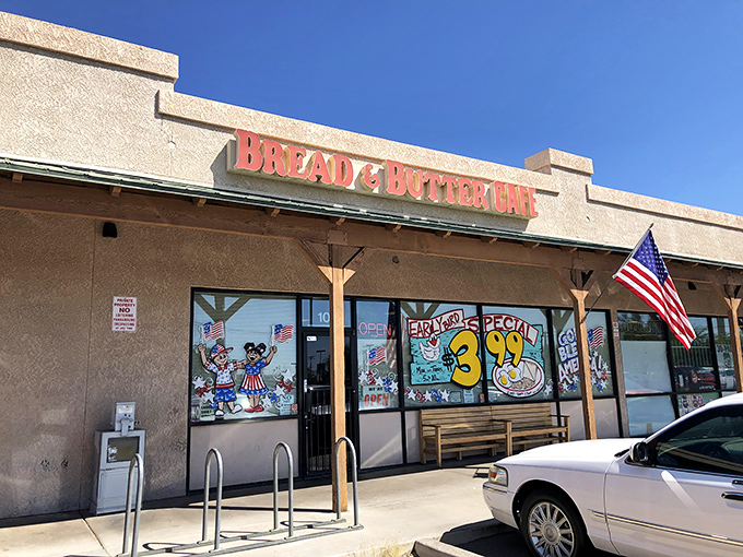 The unassuming exterior of Bread & Butter Caf&eacute; proves once again that culinary treasures often hide in plain sight, complete with patriotic flair.