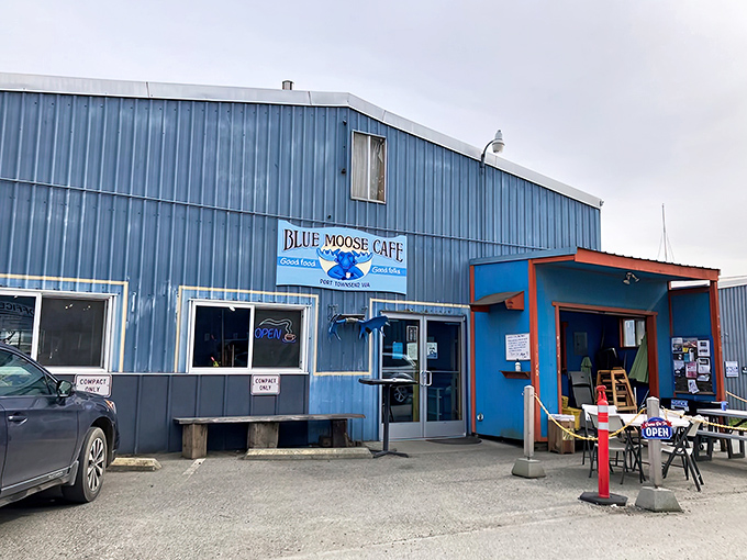The blue corrugated exterior isn't trying to impress anyone, which is exactly how you know the food inside will be spectacular. Good Food, Good Folks indeed.