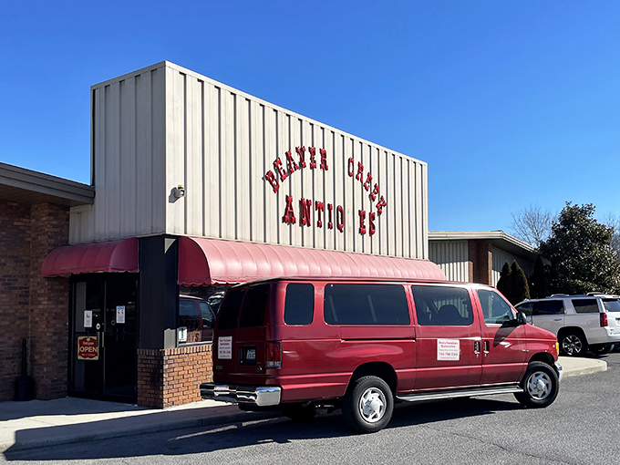 Another view of the market's brick-and-metal facade. That red van looks like it might be filled with someone's "quick stop" that turned into a three-hour expedition.