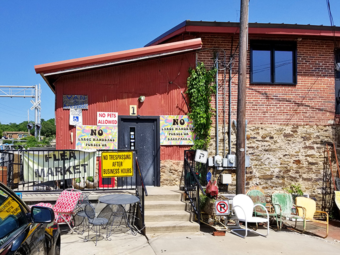 The unassuming red brick exterior might not scream "treasure trove," but like all great adventures, this one begins with a humble doorway and a simple banner.