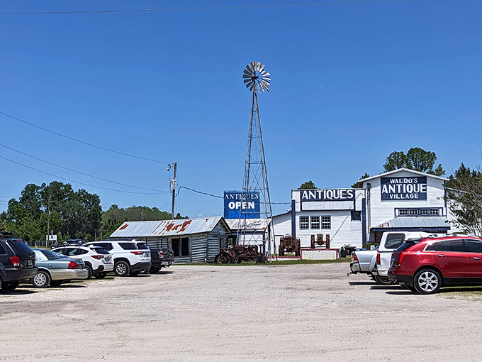 Under clear Florida skies, the antique section stands sentinel with its classic windmill &ndash; a beacon for vintage enthusiasts and nostalgia seekers alike.