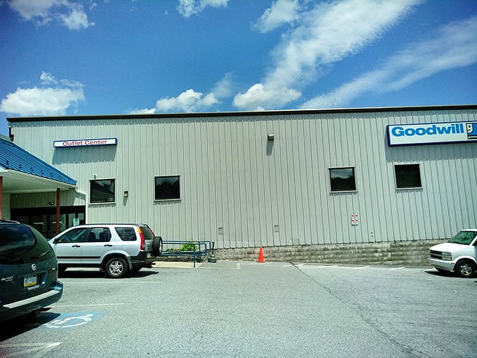The unassuming exterior of Reading's Goodwill Outlet Center - where treasure hunters find paradise behind a no-frills facade.