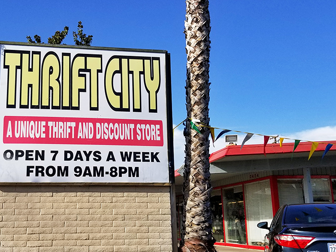 Those cheerful pennants promise adventure, like a carnival where everything's already been loved by someone else.