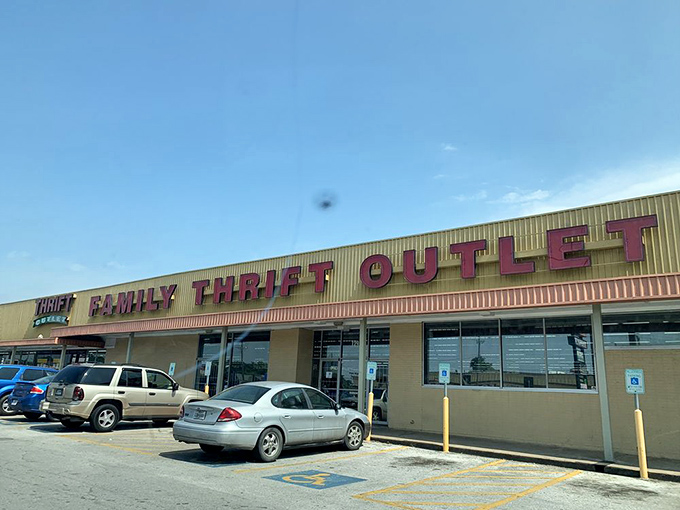 The golden facade of Family Thrift Center Outlet stands like a retail Promised Land under the vast Texas sky, beckoning bargain hunters from miles around.