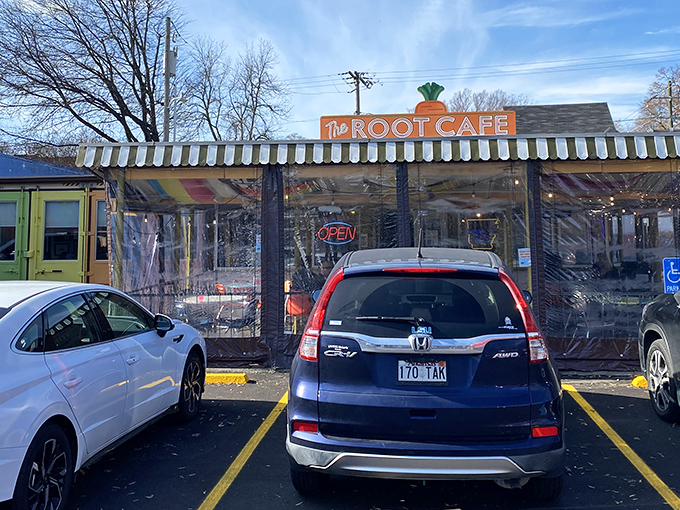 The iconic carrot-topped sign welcomes hungry visitors like a beacon of breakfast hope. Simple exterior, extraordinary flavors await inside.