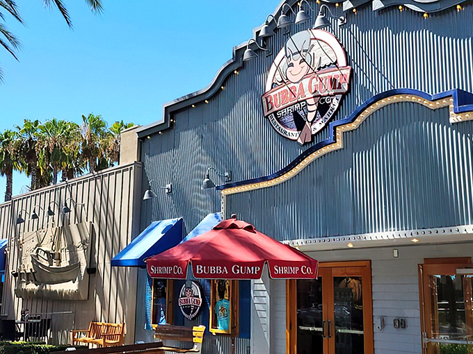 The iconic corrugated metal exterior of Bubba Gump Shrimp Co. stands out in Anaheim like a friendly beacon, promising seafood treasures within.