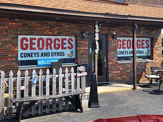 The unassuming brick exterior of George's Coneys and Gyros proves once again that culinary treasures often hide behind the most modest facades.