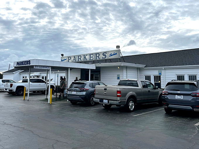 Another angle of Parker's unpretentious exterior, where pickup trucks outnumber sedans and nobody's questioning your life choices&mdash;just your barbecue loyalty.