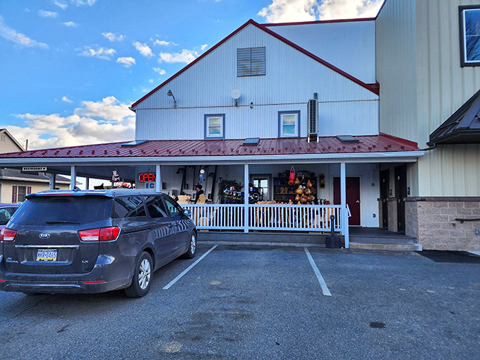 Approaching paradise: The white clapboard and red roof signal you've arrived at the promised land of Pennsylvania Dutch baking excellence.