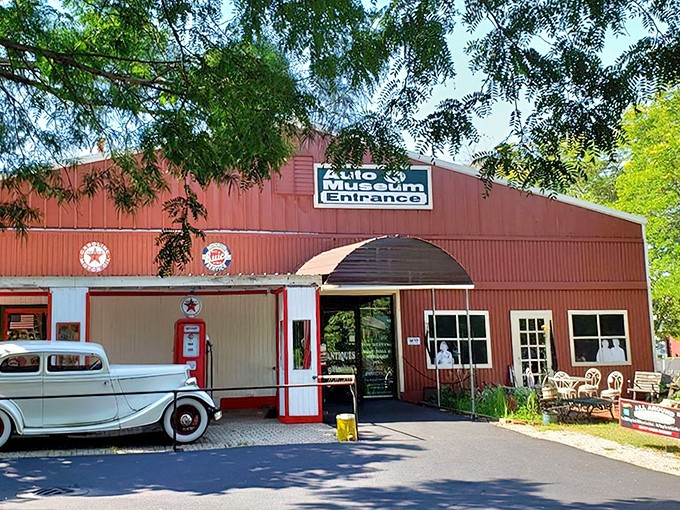 The carnival-like entrance of Volo Museum promises automotive wonders within. This colorful facade houses more mechanical celebrities than all of Hollywood combined.
