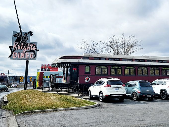 Step back in time at Knight's Diner, where this crimson Northern Pacific railcar has been serving up breakfast dreams to Spokane locals for generations.
