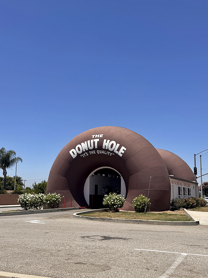 The iconic brown donut entrance beckons hungry visitors under clear California skies. Architectural whimsy at its finest!