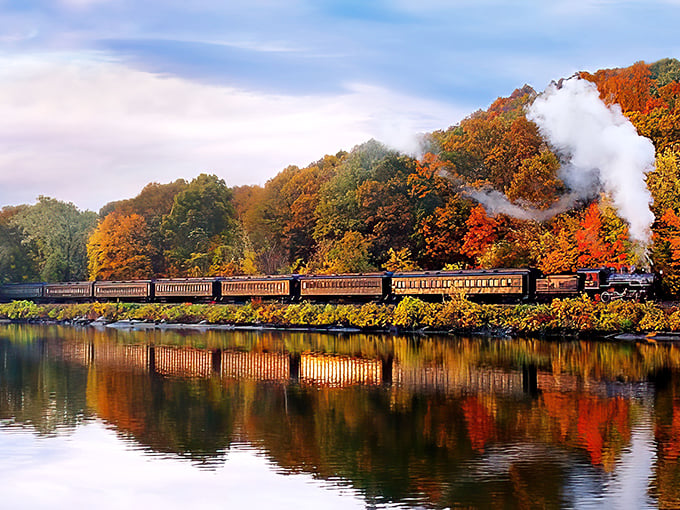 Mother Nature showing off her autumn wardrobe as the Essex Steam Train glides alongside the Connecticut River. Talk about front-row seats to fall's fashion show!