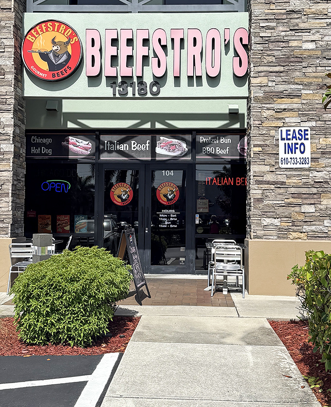 The stone facade of Beefstro's welcomes hungry visitors with its cheerful bull mascot and promises of Chicago-style delights in sunny Naples.