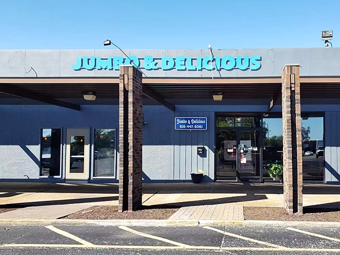 The turquoise sign beckons like a neon promise of comfort food nirvana. No pretension here, just the honest declaration of what awaits inside.