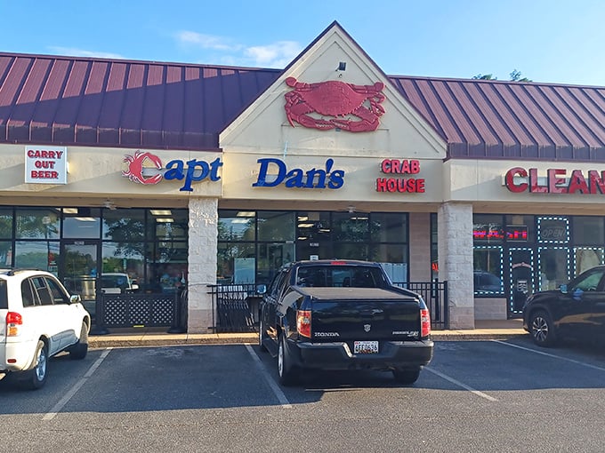 Where seafood dreams come true: Captain Dan's exterior beckons hungry travelers with its unmistakable signage and the promise of Maryland's finest.