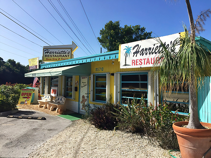 Another angle of Harriette's colorful facade &ndash; like finding a hidden treasure map where X marks the spot for breakfast bliss in the Florida Keys.