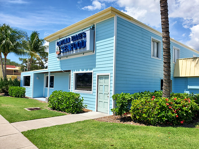The cheerful blue exterior of Captain Eddie's stands out like a beacon for seafood lovers &ndash; Florida's answer to "if you build it, they will come."