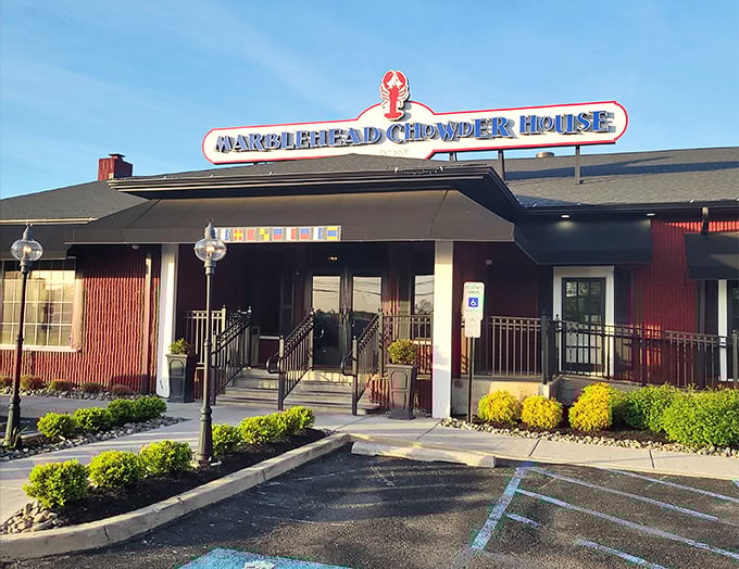 The iconic lobster sign welcomes seafood lovers to Marblehead Chowder House, where New England coastal charm meets New Jersey hospitality.